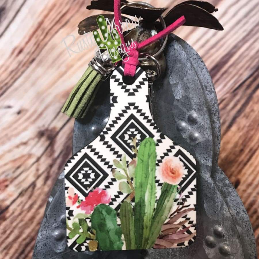 Rusty Arrow Designs - Black white Aztec Cactus Livestock Ear Tag Key chain