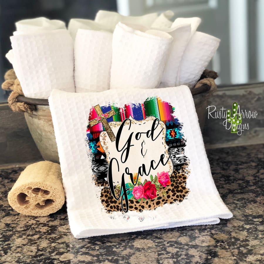 Rusty Arrow Designs - God and Grace Waffle Weave Tea Towel