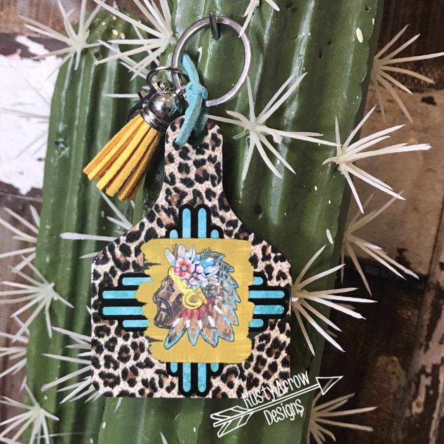 Rusty Arrow Designs - Indian Chief Cheetah Livestock Ear Tag Key Chain